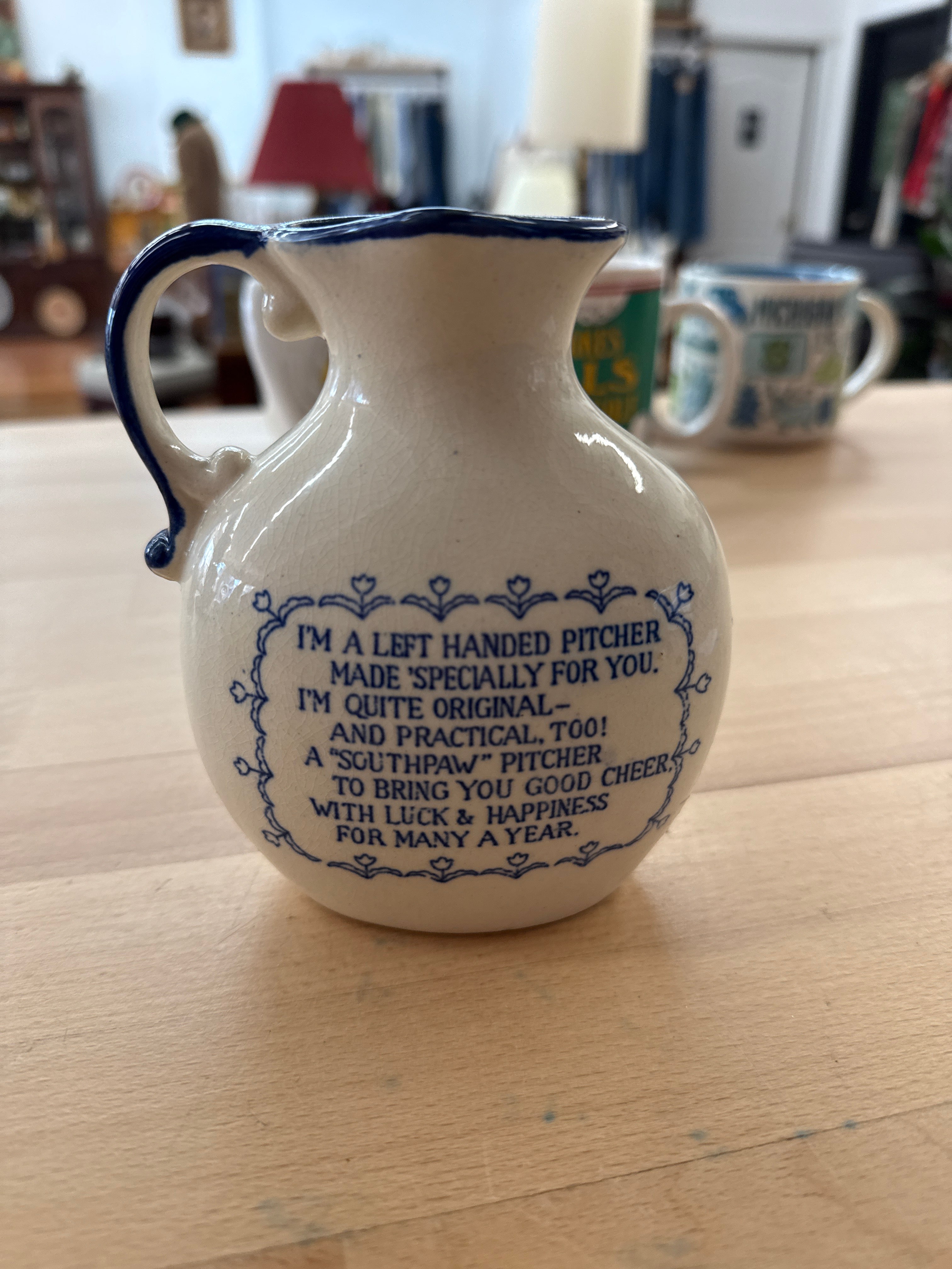 Vintage Kenmar Japan Left-Handed Pitcher with Blue Transferware Design ...