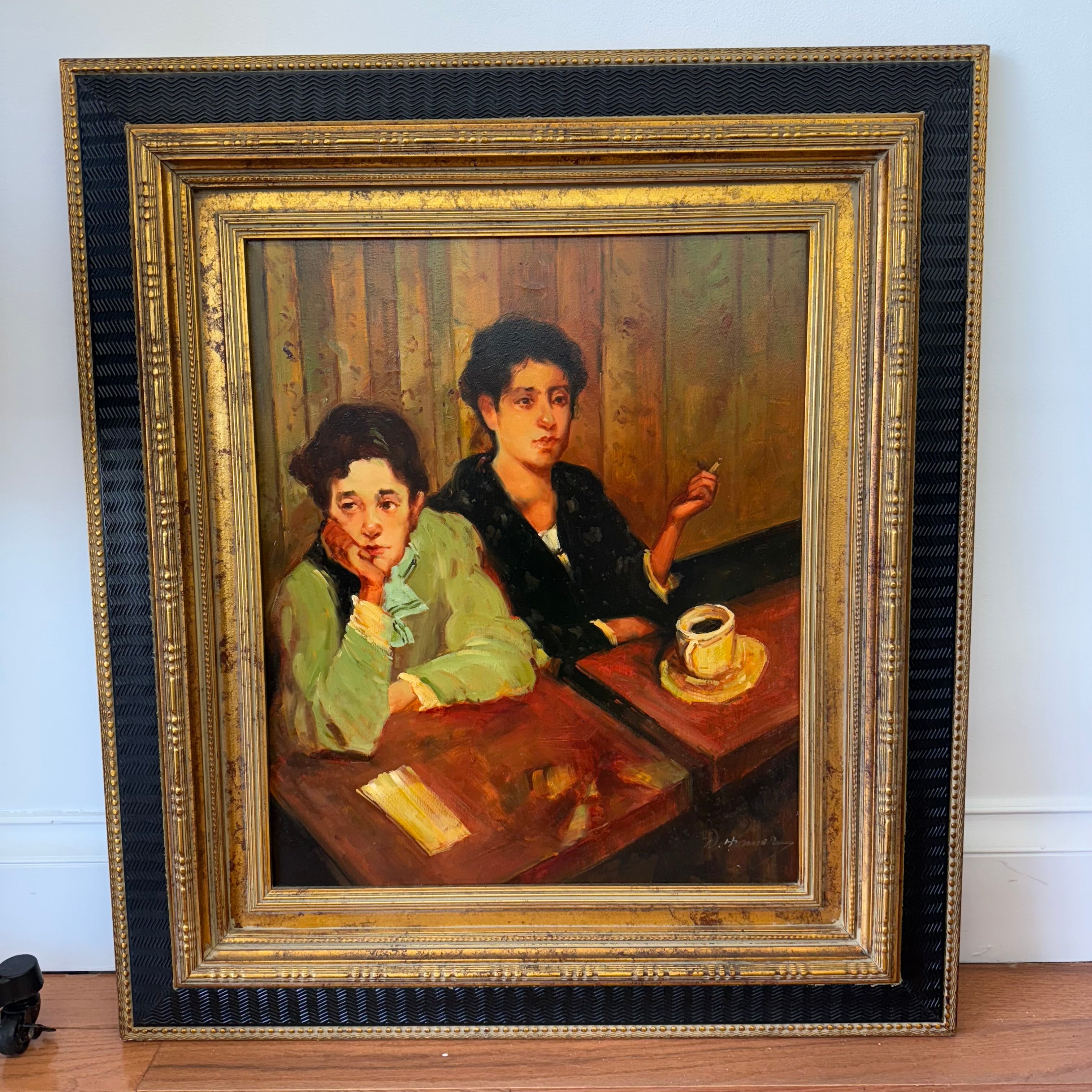 Wilson Homer Oil Painting – Café Scene with Two Women, Framed Expressi ...