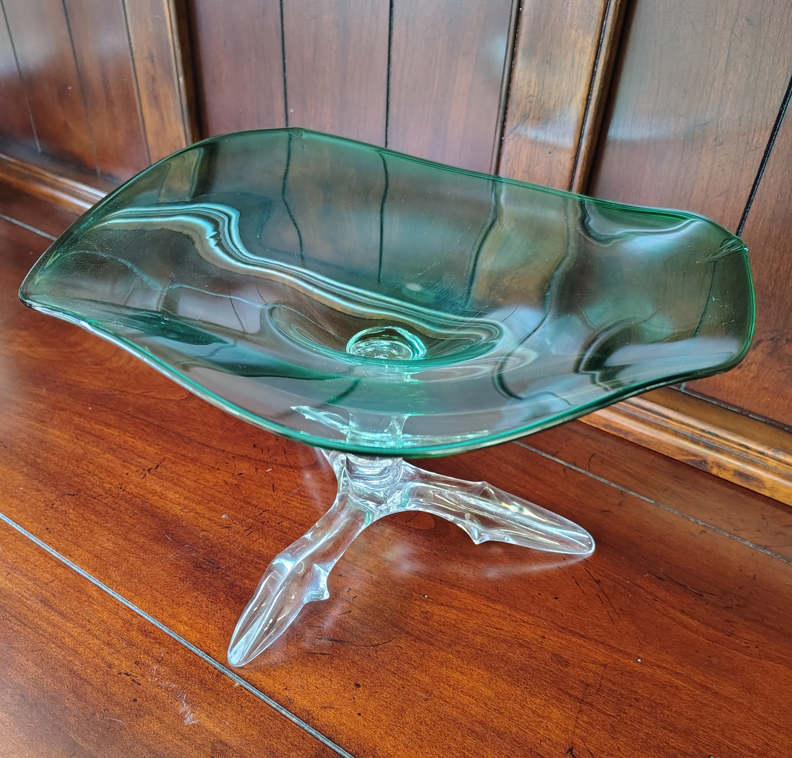 Handblown Green Art Glass Bowl with Sculptural Tripod Pedestal Base ...